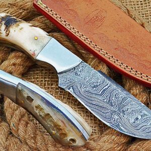 HUNTEX Handmade Hand-Forged Twist Pattern Damascus Steel 9 Inch Long Full Tang Natural Ram Horn Handle Razor Sharp Hunting Camping Boot Knife w/Genuine Leather Pouch