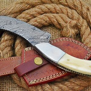 HUNTEX Handmade Hand-Forged Twist Pattern Damascus Steel 9 Inch Long Full Tang Natural Camel Bone Handle Razor Sharp Hunting Camping Cleaver Knife w/Genuine Leather Sheath