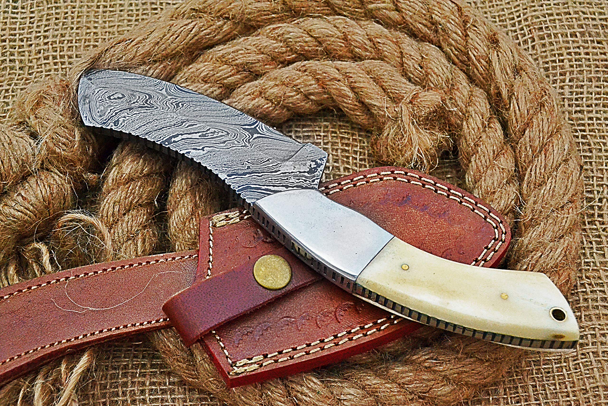 HUNTEX Handmade Hand-Forged Twist Pattern Damascus Steel 9 Inch Long Full Tang Natural Camel Bone Handle Razor Sharp Hunting Camping Cleaver Knife w/Genuine Leather Sheath