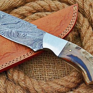 HUNTEX Handmade Hand-Forged Twist Pattern Damascus Steel 9 Inch Long Full Tang Natural Ram Horn Handle Razor Sharp Hunting Camping Boot Knife w/Genuine Leather Pouch