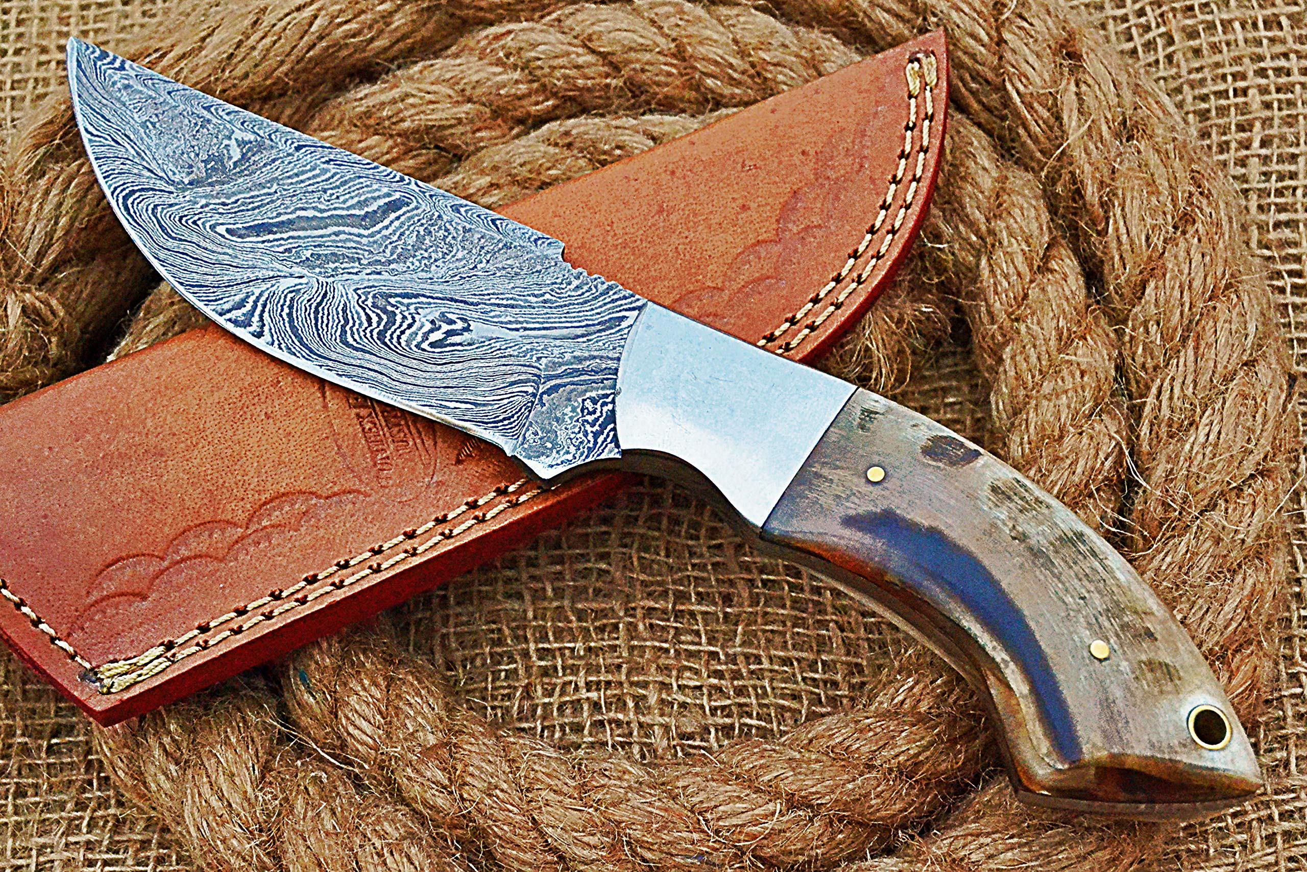 HUNTEX Handmade Hand-Forged Twist Pattern Damascus Steel 9 Inch Long Full Tang Natural Ram Horn Handle Razor Sharp Hunting Camping Boot Knife w/Genuine Leather Pouch