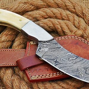 HUNTEX Handmade Hand-Forged Twist Pattern Damascus Steel 9 Inch Long Full Tang Natural Camel Bone Handle Razor Sharp Hunting Camping Cleaver Knife w/Genuine Leather Sheath