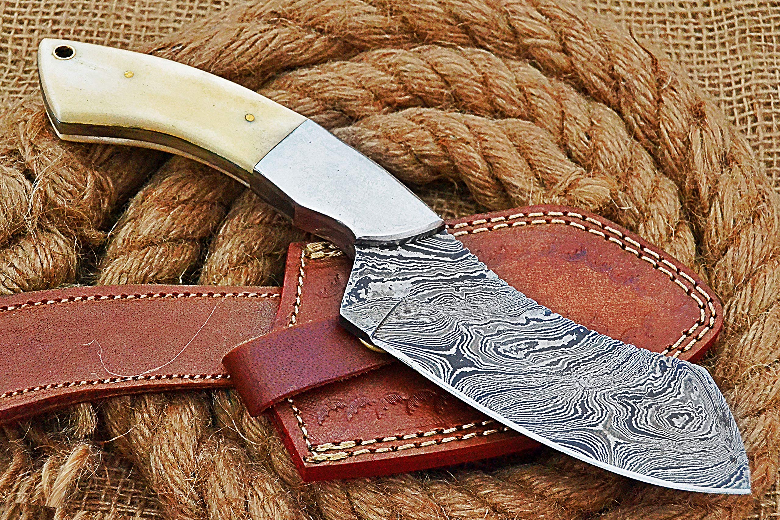 HUNTEX Handmade Hand-Forged Twist Pattern Damascus Steel 9 Inch Long Full Tang Natural Camel Bone Handle Razor Sharp Hunting Camping Cleaver Knife w/Genuine Leather Sheath