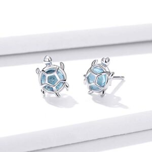 Cute Turtle Small Stud Earrings Sterling Silver S925 Blue Crystal Cubic Zirconia Sea Turtle Tiny Cartilage Statement Earring Studs Post Piercing Fashion Jewelry Gifts for Women Sensitive Ears