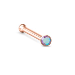 Rose Gold Plated 925 Sterling Silver Nose Stud Bone Ring 1.5mm Glued Aurora CZ 22G