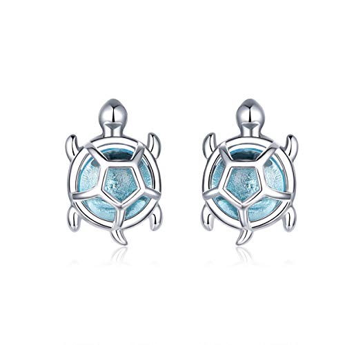 Cute Turtle Small Stud Earrings Sterling Silver S925 Blue Crystal Cubic Zirconia Sea Turtle Tiny Cartilage Statement Earring Studs Post Piercing Fashion Jewelry Gifts for Women Sensitive Ears