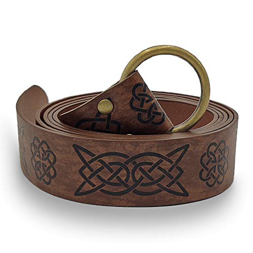 HiiFeuer Medieval Embossed PU Leather O Ring Belt, Retro Renaissance Knight Belt (Dark Brown B)