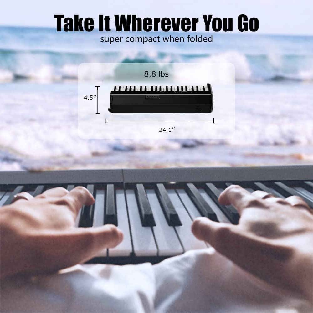 NikoMaku Foldable Digital Piano 88 Keys Portable Piano Keyboard Folding Piano Keyboard MIDI Semi Weighted Full Size Keys with Headphones, Carrying Case SWANX White