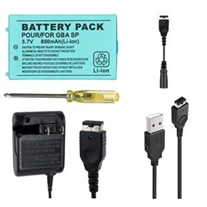 tfseven 1pcs nintendo gba sp replacement battery 850mah 3.7v rechargeable lithium ion + ac adapter 5.2v 450ma wall charger power supply for nintendo gba sp gameboy anvance accessories bundle kit