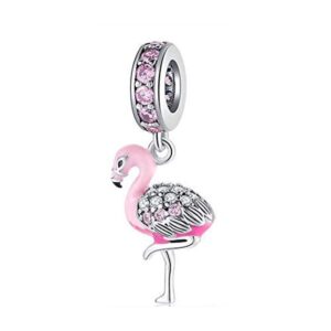 yuhe pink flamingo charm 925 sterling silver beads with clear cz fit women pandora style bracelet,for thanksgiving/christmas day