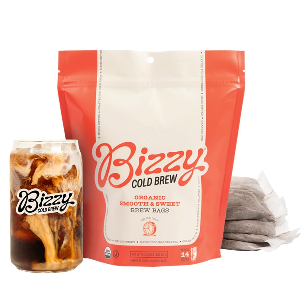 Bizzy Organic Cold Brew Coffee | Smooth & Sweet Blend | Coarse Ground Coffee | Medium Roast | Micro Sifted | Specialty Grade | 100% Arabica | Brew Bags | 4 Count | Makes 14 Cups