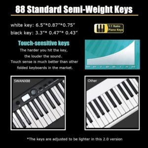 NikoMaku Foldable Digital Piano 88 Keys Portable Piano Keyboard Folding Piano Keyboard MIDI Semi Weighted Full Size Keys with Headphones, Carrying Case SWANX White