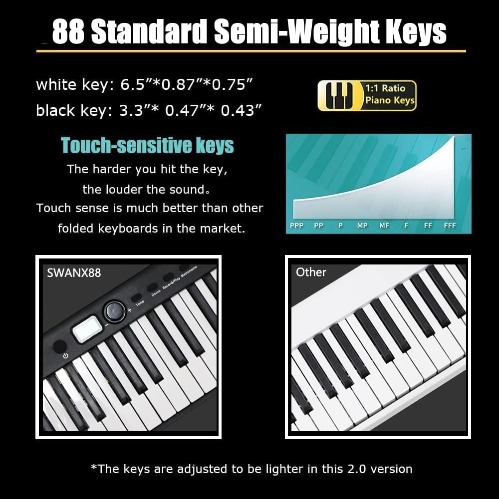 NikoMaku Foldable Digital Piano 88 Keys Portable Piano Keyboard Folding Piano Keyboard MIDI Semi Weighted Full Size Keys with Headphones, Carrying Case SWANX White