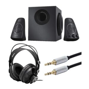 logitech z623 400 watt home speaker system bundle with closed-back studio monitor headphones and audio cable (3 items)