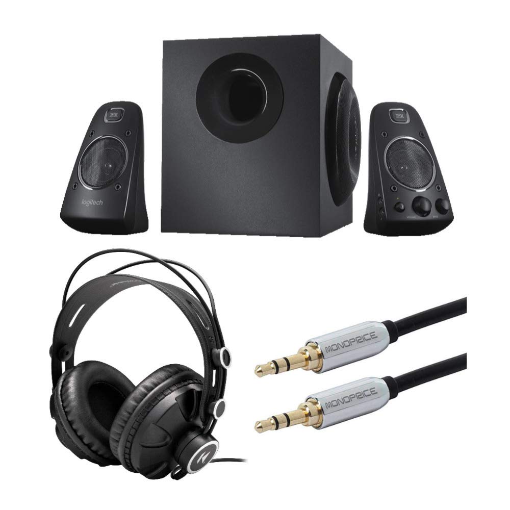 Logitech Z623 400 Watt Home Speaker System Bundle with Closed-Back Studio Monitor Headphones and Audio Cable (3 Items)