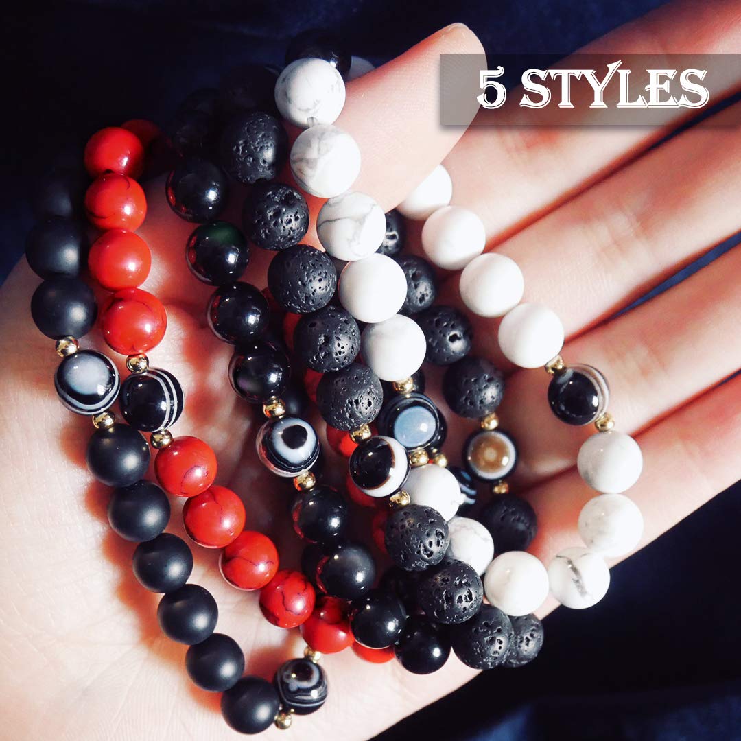 L&C Feng Shui Black Obsidian Beaded Bracelet - Women Mens 8MM Evil Eye Original Natural Crystal Onyx Relief Reiki Healing Stone Protection Strand Bracelet Bring Luck Prosperity Wealth (Red Howlite)