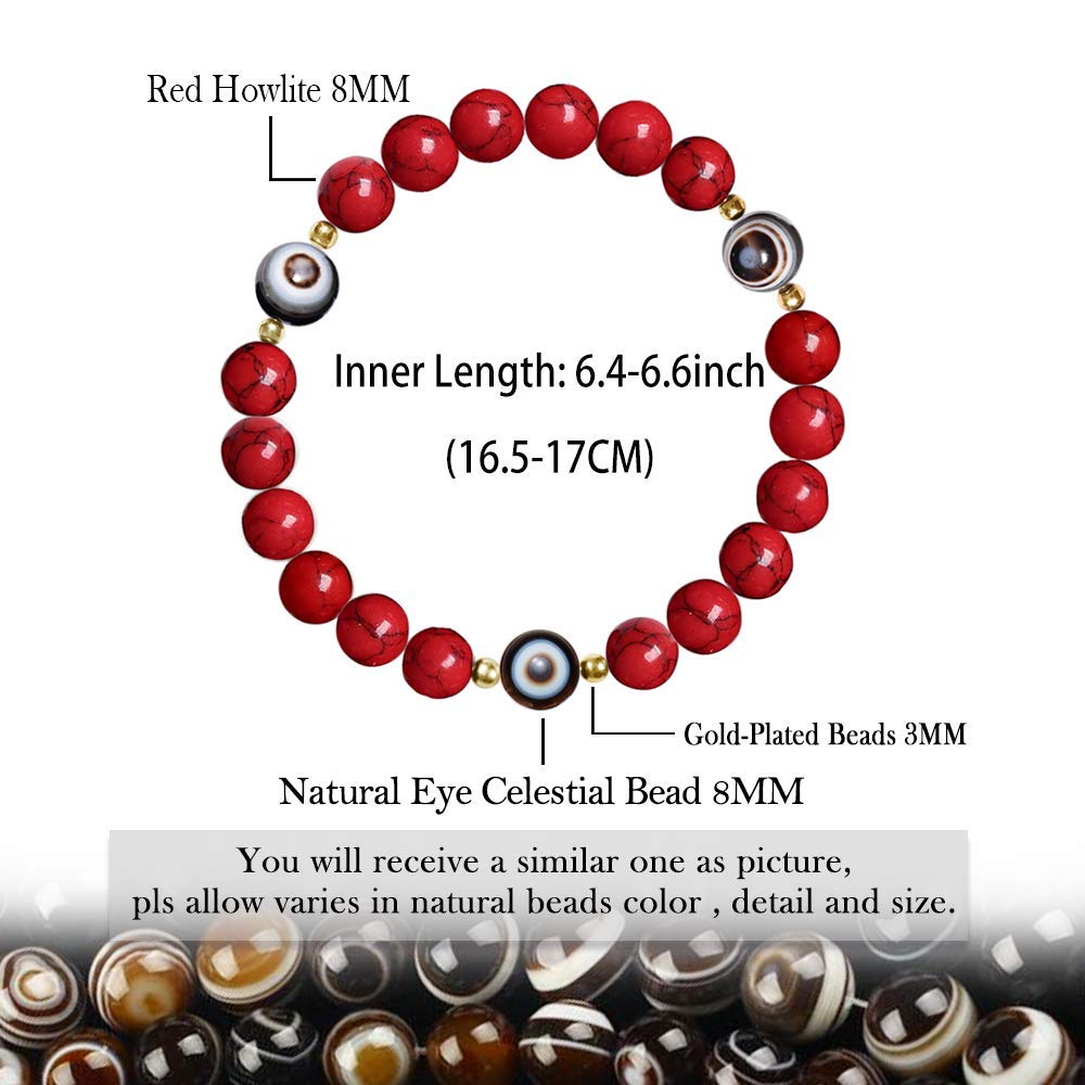 L&C Feng Shui Black Obsidian Beaded Bracelet - Women Mens 8MM Evil Eye Original Natural Crystal Onyx Relief Reiki Healing Stone Protection Strand Bracelet Bring Luck Prosperity Wealth (Red Howlite)