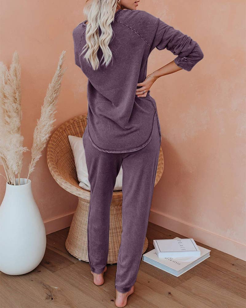 Eurivicy Women's Solid Loungewear Set 2 Piece Long Sleeve Pullover and Drawstring Sweatpants Sport Outfits Sets