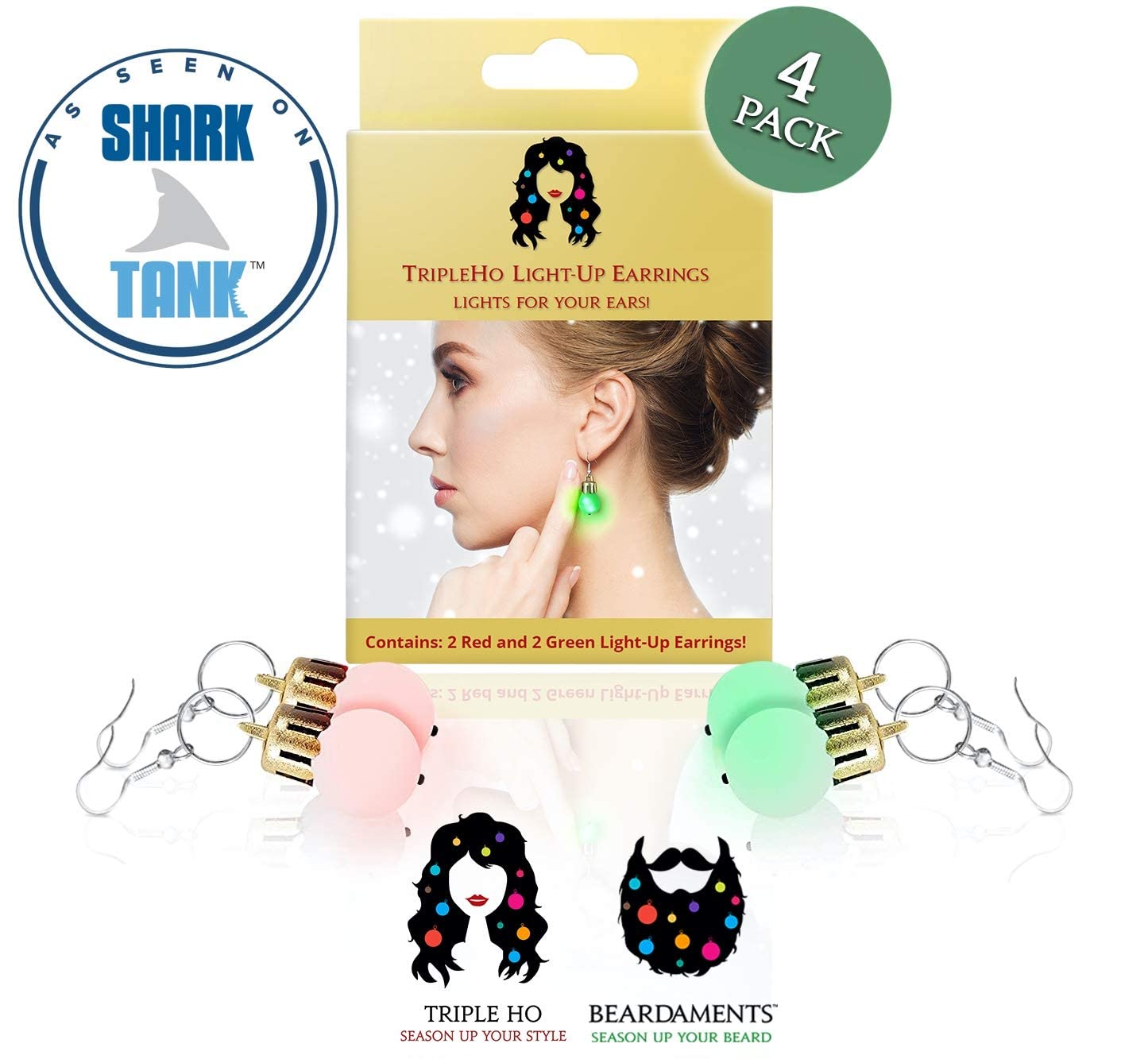 Light Up Ornament Earrings - The Original from Beardaments, 4pc Red and Green Colorful Christmas for Holiday Party, Cosplay, Women Costume