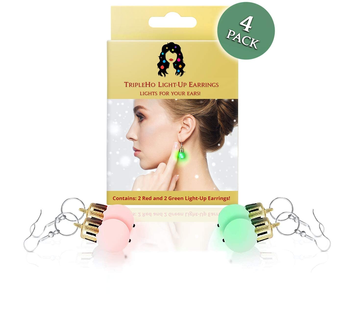 Light Up Ornament Earrings - The Original from Beardaments, 4pc Red and Green Colorful Christmas for Holiday Party, Cosplay, Women Costume