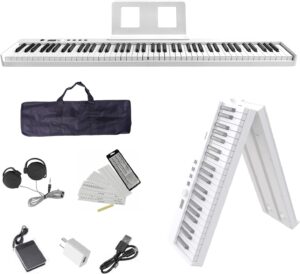 nikomaku foldable digital piano 88 keys portable piano keyboard folding piano keyboard midi semi weighted full size keys with headphones, carrying case swanx white