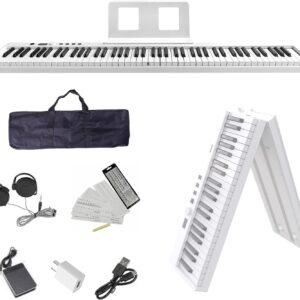 NikoMaku Foldable Digital Piano 88 Keys Portable Piano Keyboard Folding Piano Keyboard MIDI Semi Weighted Full Size Keys with Headphones, Carrying Case SWANX White