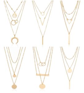 biokia 6 pieces layered necklaces for women long necklaces gold choker necklaces map coin bar crescent moon necklace layered y pendant necklace multilayer