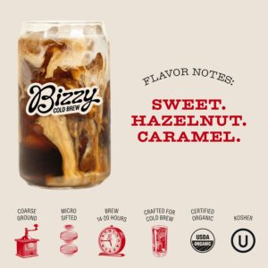 Bizzy Organic Cold Brew Coffee | Smooth & Sweet Blend | Coarse Ground Coffee | Medium Roast | Micro Sifted | Specialty Grade | 100% Arabica | Brew Bags | 4 Count | Makes 14 Cups