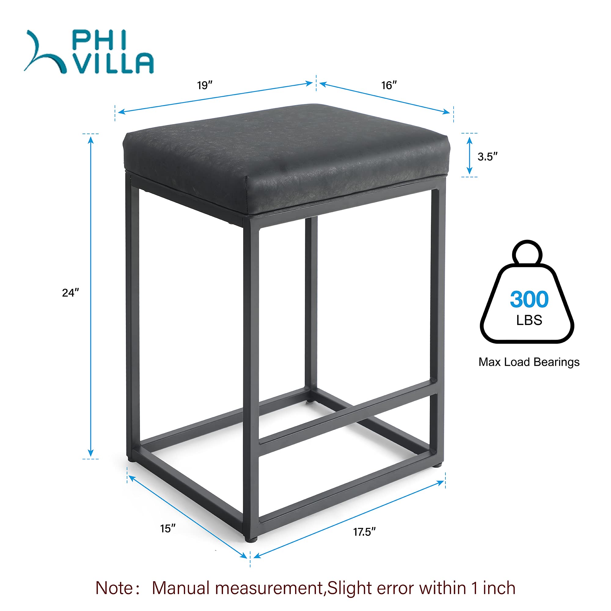 PHI VILLA Bar Stools Counter Heighr Set of 2, 24 inches, Backless, Square, Black, 2 Packs