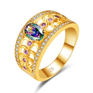 narica yellow gold plated women's vintage oval cut created blue sapphire openwork ring wide band cz cubic zirconia filled for mom 9#