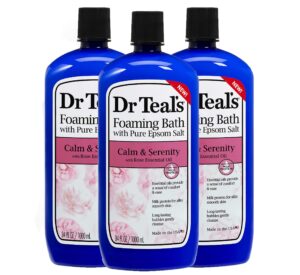 dr. teal's calm & serenity pure epsom salt foaming bath gift set (3 pack, 34 oz ea.) - rose essential oils & milk protein provide stress relief & silky smooth skin - long lasting bubbles nourish skin