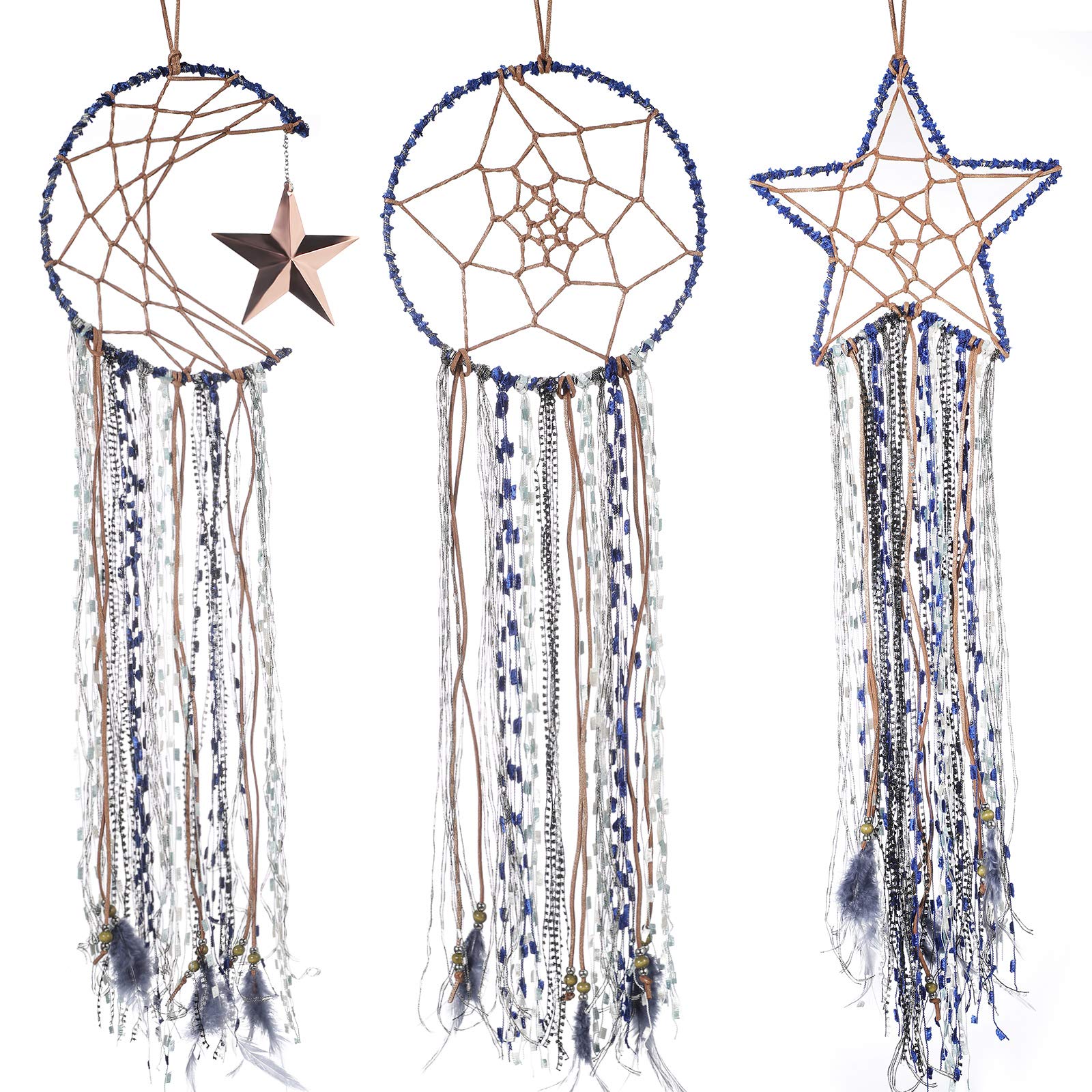 Jetec 3 Pieces Dream Catcher Moon Sun Blue Handmade Modern Dreamcatcher for Wall Hanging Home Decoration