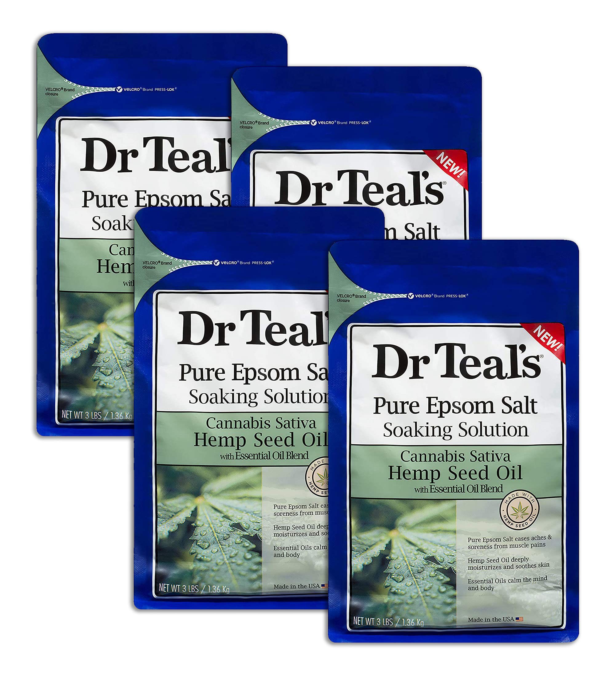 Dr Teal's Epsom Salt 4-Pack (12 lbs Total) Hemp Seed Oil - Pure Epsom Salt for Soothing Winter Baths and Muscle Recovery - with Essential Oil Blend