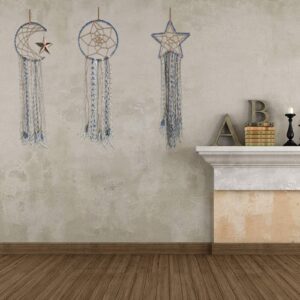 Jetec 3 Pieces Dream Catcher Moon Sun Blue Handmade Modern Dreamcatcher for Wall Hanging Home Decoration