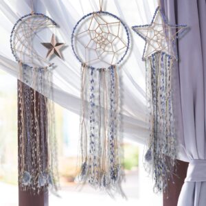 Jetec 3 Pieces Dream Catcher Moon Sun Blue Handmade Modern Dreamcatcher for Wall Hanging Home Decoration