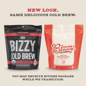 Bizzy Organic Cold Brew Coffee | Smooth & Sweet Blend | Coarse Ground Coffee | Medium Roast | Micro Sifted | Specialty Grade | 100% Arabica | Brew Bags | 4 Count | Makes 14 Cups