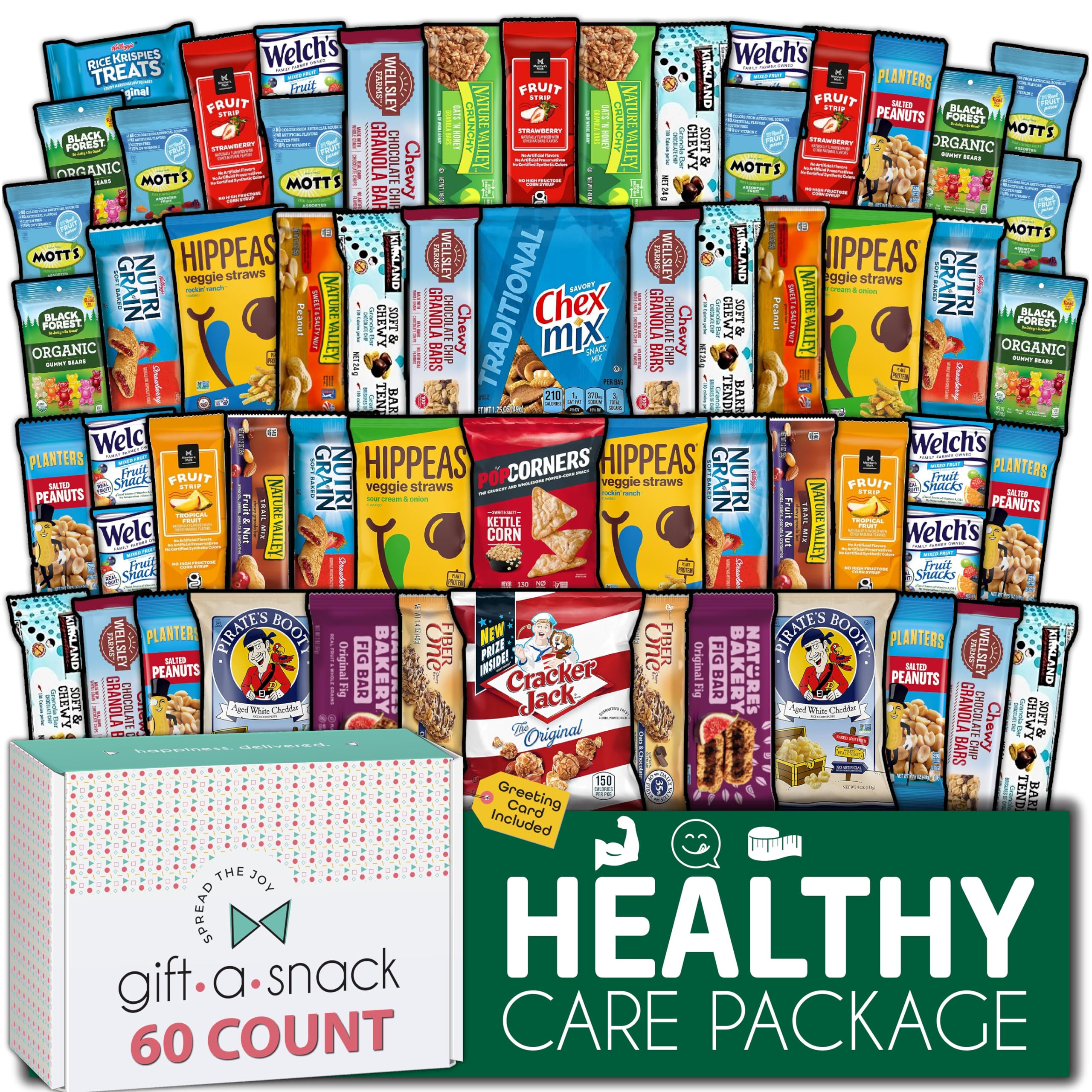 Gift A Snack - Back To School Gifts For Students Healthy Snack Box Care Package + Greeting Card (60 Count) Birthday Treats Gift Basket, Nutritious Granola Breakfast Bars - Food Assortments & Variety