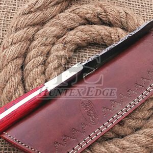 HUNTEX Handmade Hand-Forged Ladder Pattern Damascus Steel 10 Inch Long Full Tang Pakka Wood Handle Razor Sharp Hunting Camping Big Game Hunter Knife w/Genuine Leather Pouch