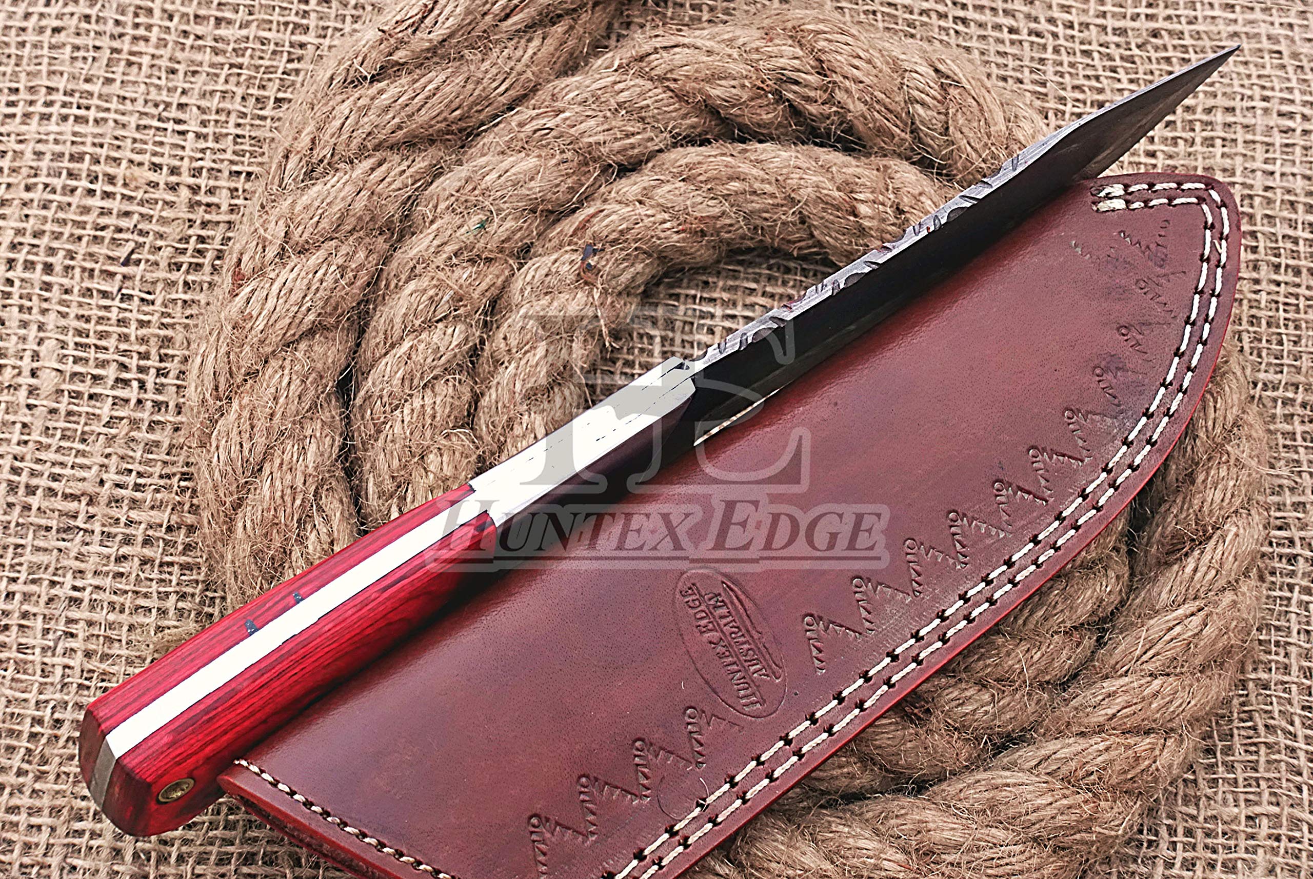 HUNTEX Handmade Hand-Forged Ladder Pattern Damascus Steel 10 Inch Long Full Tang Pakka Wood Handle Razor Sharp Hunting Camping Big Game Hunter Knife w/Genuine Leather Pouch