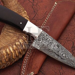 HUNTEX Handmade Hand-Forged Ladder Pattern Damascus Steel 10 Inch Long Full Tang Natural Buffalo Horn Handle Razor Sharp Hunting Camping Skinning Knife w/Genuine Leather Pouch