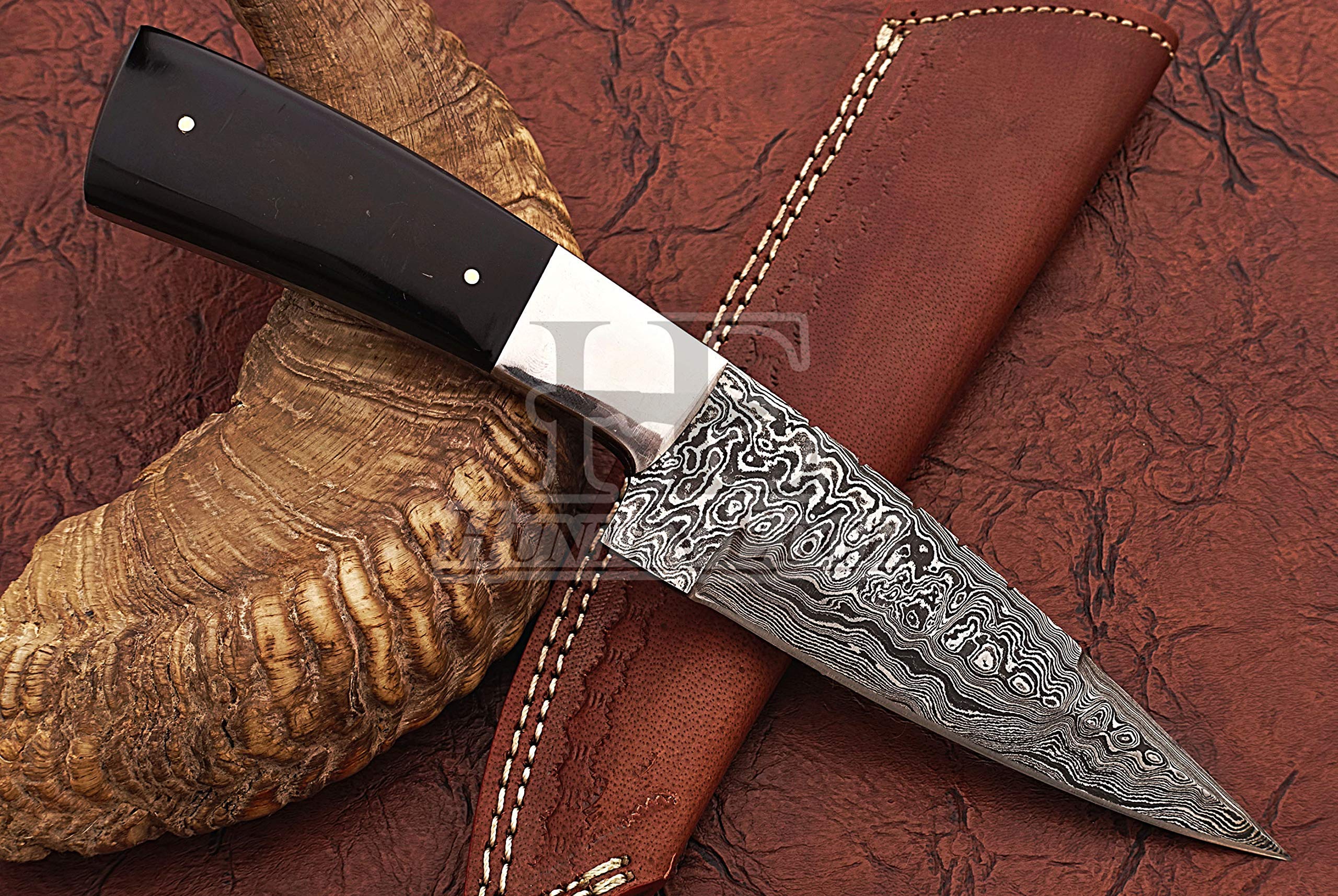 HUNTEX Handmade Hand-Forged Ladder Pattern Damascus Steel 10 Inch Long Full Tang Natural Buffalo Horn Handle Razor Sharp Hunting Camping Skinning Knife w/Genuine Leather Pouch