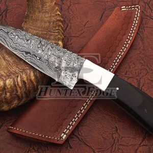 HUNTEX Handmade Hand-Forged Ladder Pattern Damascus Steel 10 Inch Long Full Tang Natural Buffalo Horn Handle Razor Sharp Hunting Camping Skinning Knife w/Genuine Leather Pouch