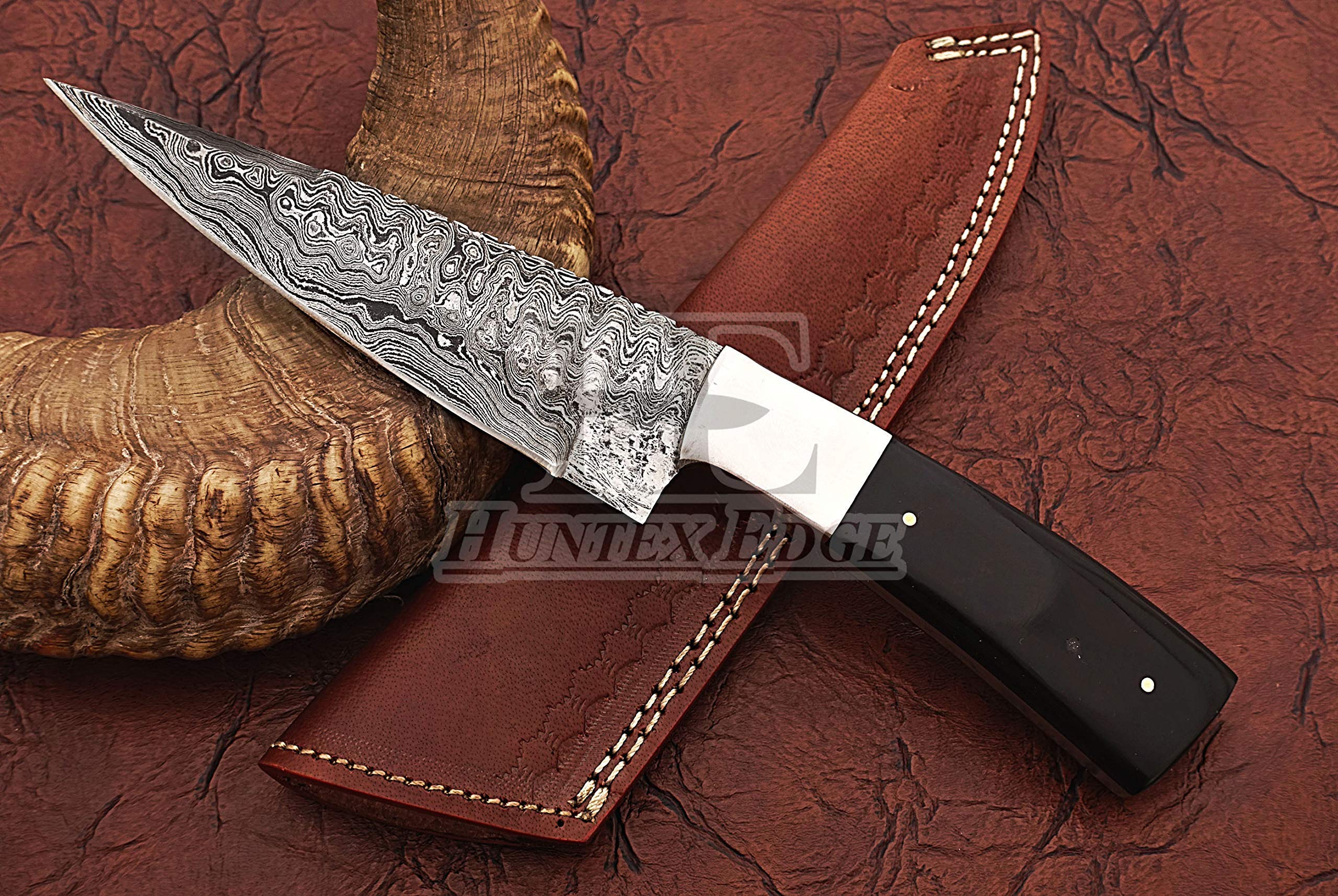 HUNTEX Handmade Hand-Forged Ladder Pattern Damascus Steel 10 Inch Long Full Tang Natural Buffalo Horn Handle Razor Sharp Hunting Camping Skinning Knife w/Genuine Leather Pouch