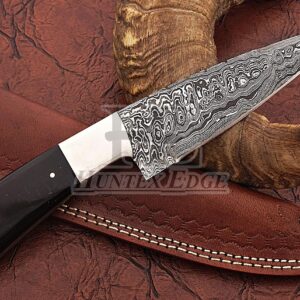 HUNTEX Handmade Hand-Forged Ladder Pattern Damascus Steel 10 Inch Long Full Tang Natural Buffalo Horn Handle Razor Sharp Hunting Camping Skinning Knife w/Genuine Leather Pouch