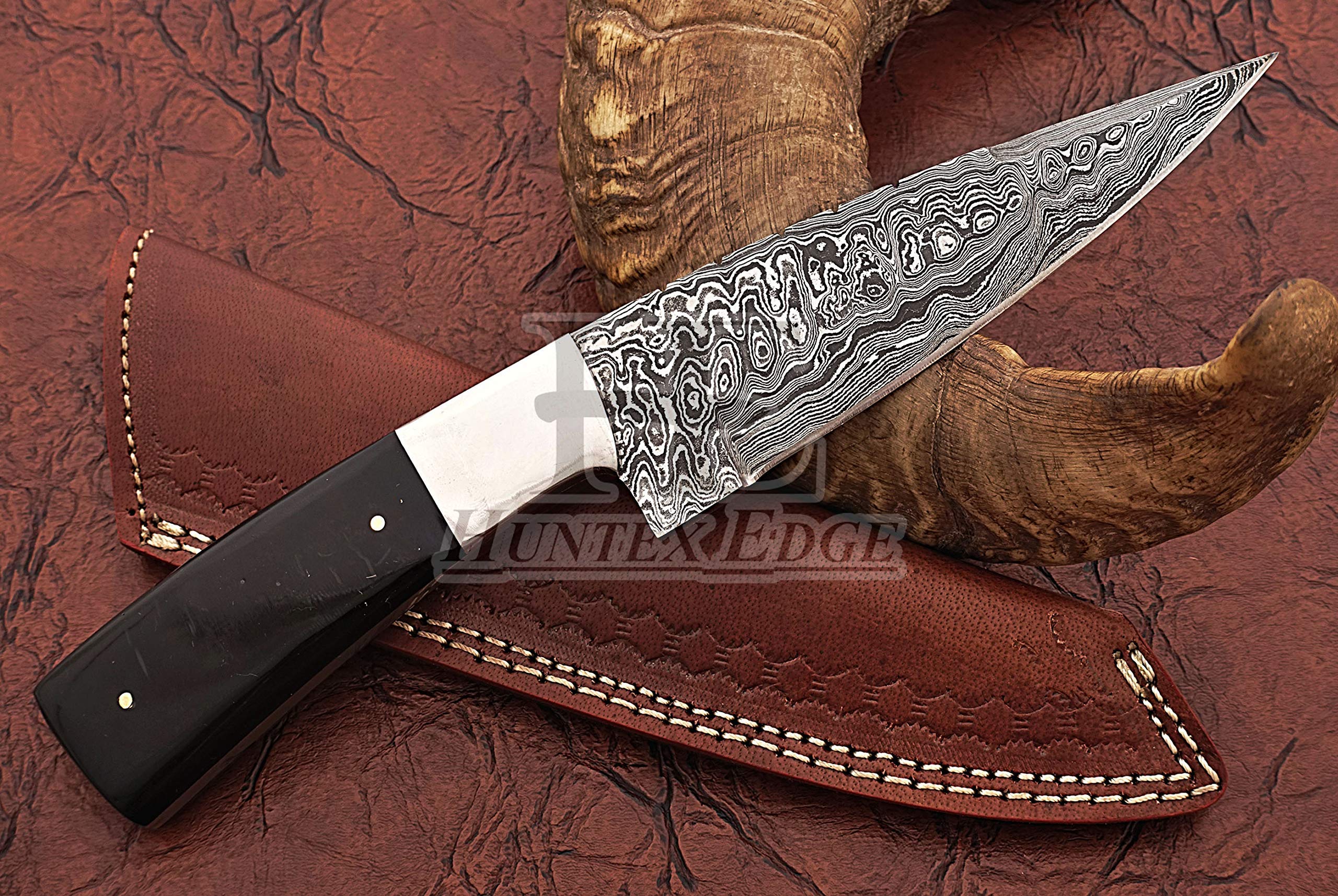 HUNTEX Handmade Hand-Forged Ladder Pattern Damascus Steel 10 Inch Long Full Tang Natural Buffalo Horn Handle Razor Sharp Hunting Camping Skinning Knife w/Genuine Leather Pouch