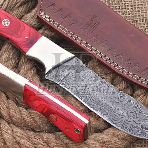 HUNTEX Handmade Hand-Forged Ladder Pattern Damascus Steel 10 Inch Long Full Tang Pakka Wood Handle Razor Sharp Hunting Camping Big Game Hunter Knife w/Genuine Leather Pouch