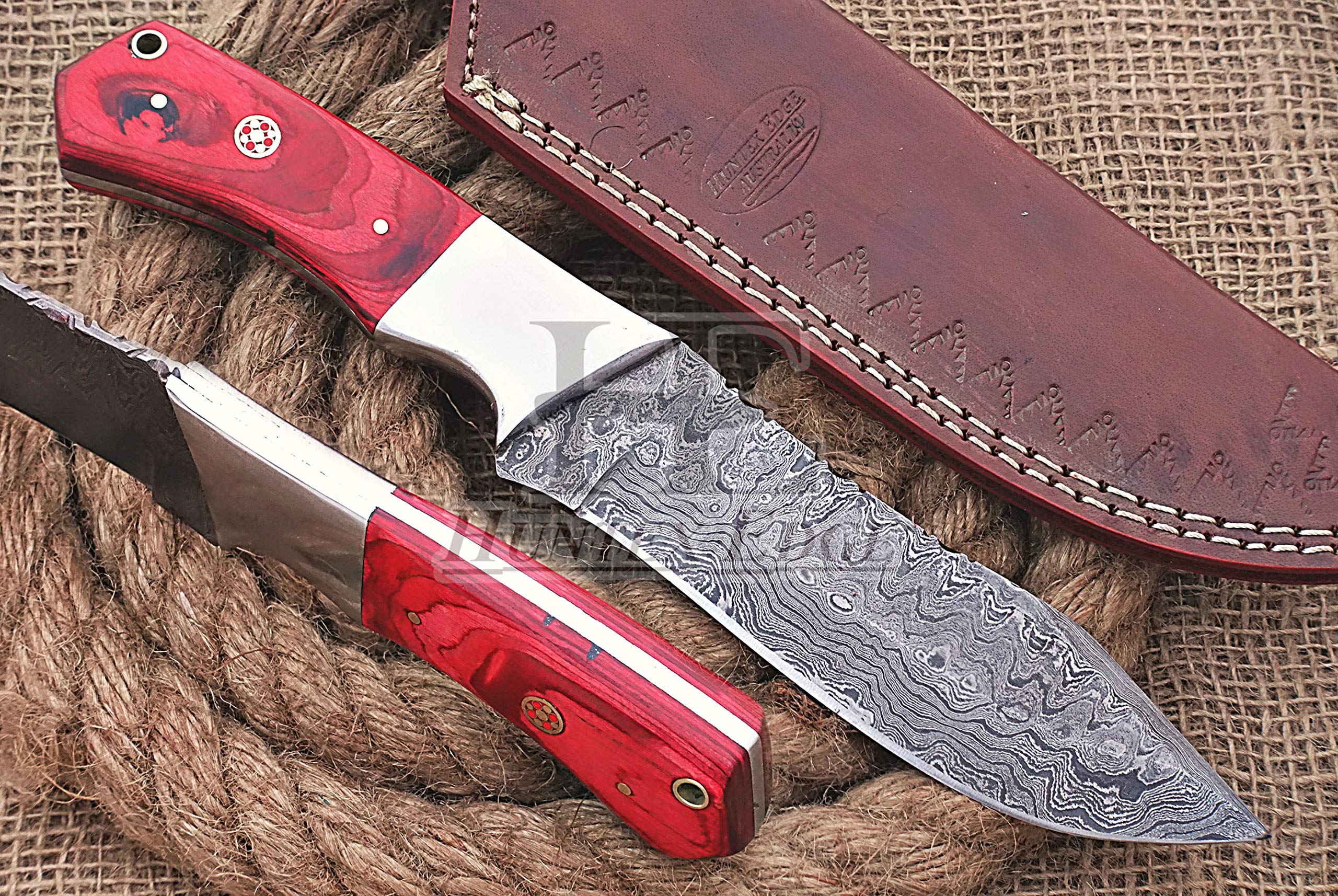 HUNTEX Handmade Hand-Forged Ladder Pattern Damascus Steel 10 Inch Long Full Tang Pakka Wood Handle Razor Sharp Hunting Camping Big Game Hunter Knife w/Genuine Leather Pouch