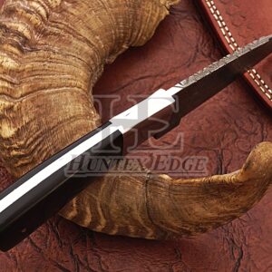 HUNTEX Handmade Hand-Forged Ladder Pattern Damascus Steel 10 Inch Long Full Tang Natural Buffalo Horn Handle Razor Sharp Hunting Camping Skinning Knife w/Genuine Leather Pouch