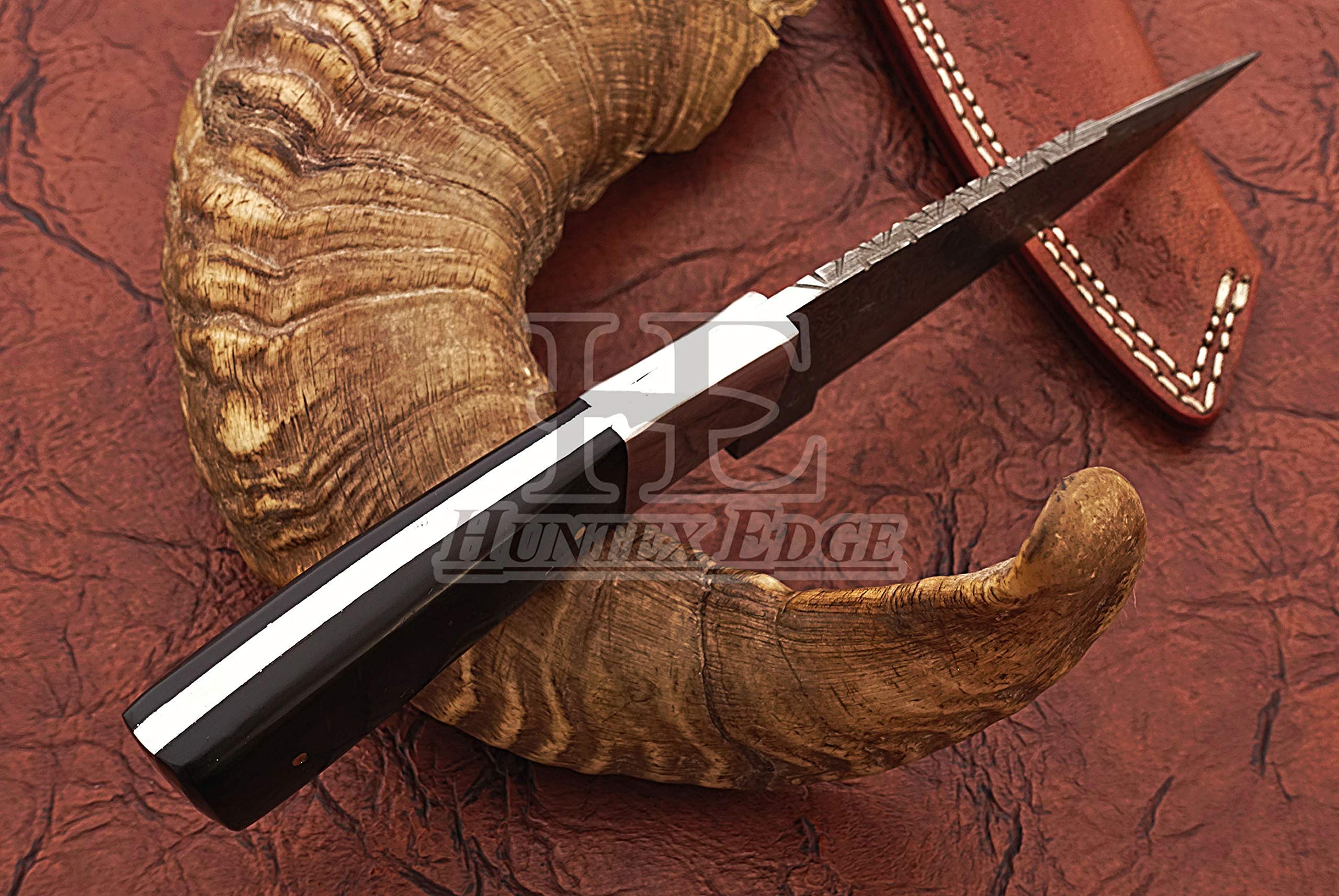 HUNTEX Handmade Hand-Forged Ladder Pattern Damascus Steel 10 Inch Long Full Tang Natural Buffalo Horn Handle Razor Sharp Hunting Camping Skinning Knife w/Genuine Leather Pouch