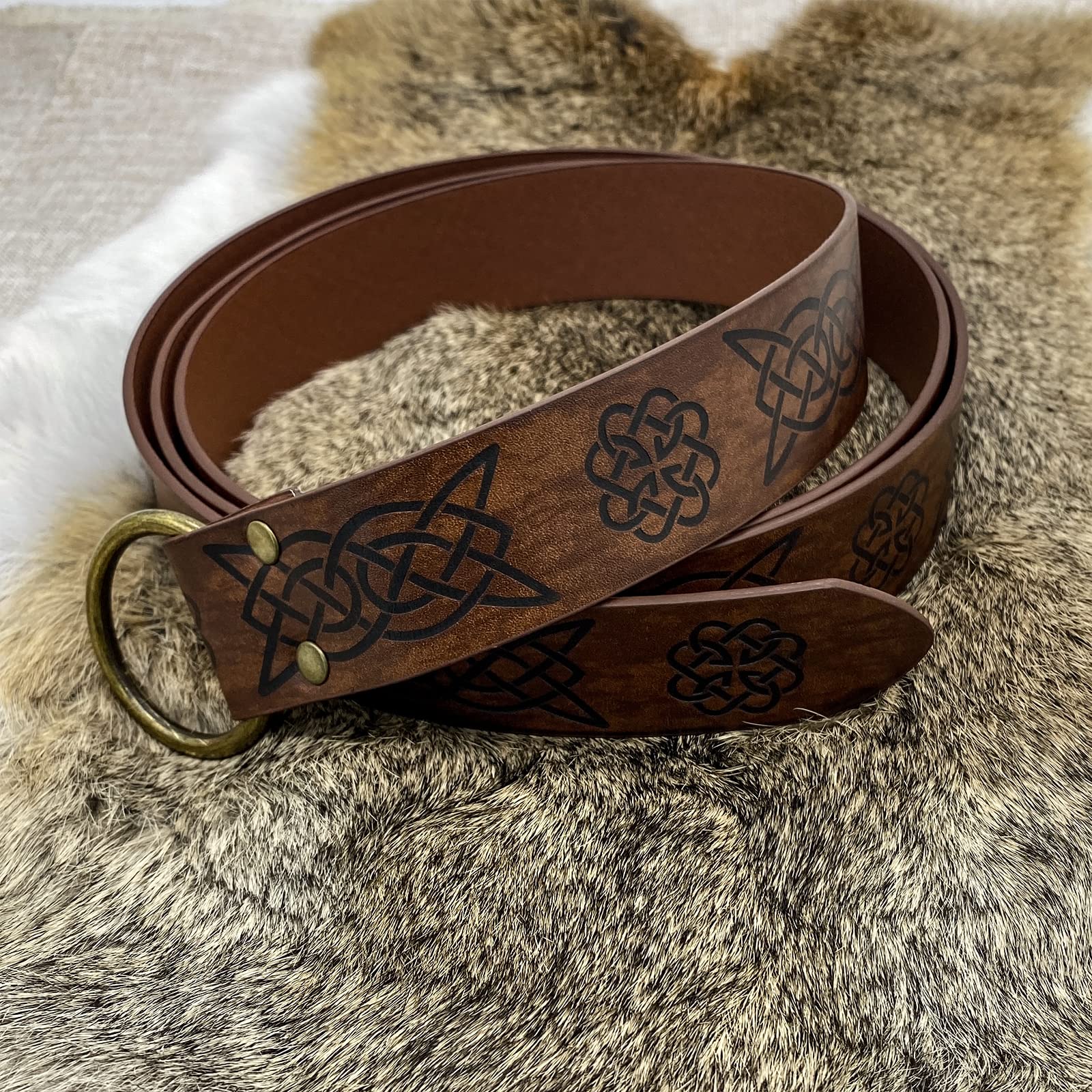 HiiFeuer Medieval Embossed PU Leather O Ring Belt, Retro Renaissance Knight Belt (Dark Brown B)